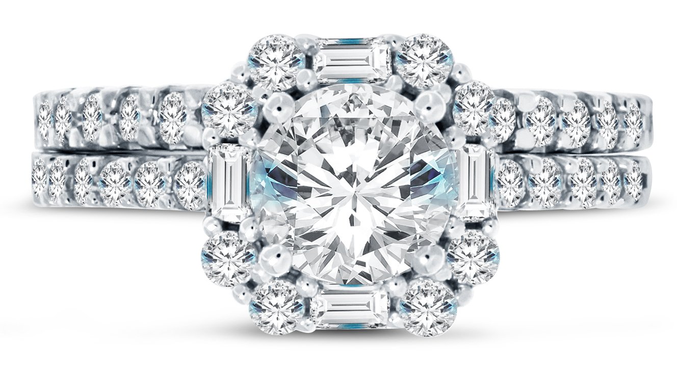 Size 4 - Solid 14k White Gold CZ Cubic Zirconia Halo Bridal Engagement Ring w/Matching Wedding Band Two Ring Set - Round Brilliant Cut Solitaire with Baguette Side Stones (2.75cttw., 1.0ct. Center)