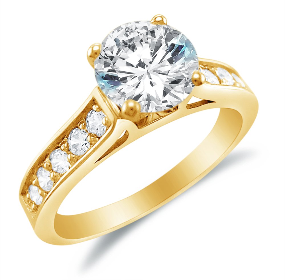 Size 5.5 - Solid 14k Yellow Gold Round Brilliant Cut Solitaire with Round Side Stones CZ Cubic Zirconia Engagement Ring 1.75ct.