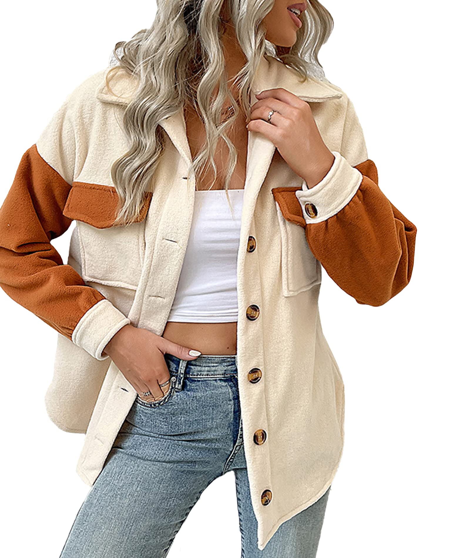 SOMTHRON Women's Fleece Cardigan Long Sleeve Shacket Sherpa Shirt Jacket Patchwork Button Down Lapel Collar Blouses Tops AP-L