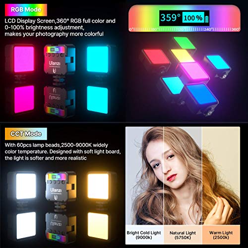 VIJIM Ulanzi VL49 RGB Video Light w 3 Cold Shoe,Mini Rechargeable LED Camera 360degFull Color Portable Photography Lighting Support Magnetic Attraction,2500-9000K Dimmable LED Panel Lamp w LCD Display
