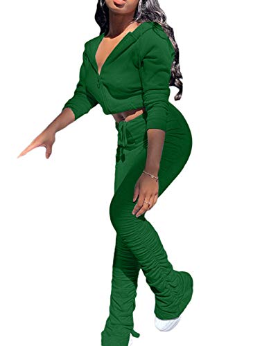 Women's 2 Piece Sweatsuit Set Solid Hooded Jacket Top Drawstring Stacked Leggings Pant Sets Joggers Workout Outfits Green S