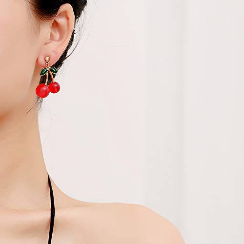 yihan jewelry 18K Gold Plated Fruit Earring 3D Green Leaf Red Cherry Charm Tassel Drop Stud Earrings