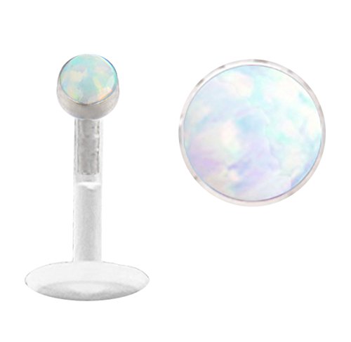 White Fire Synthetic Opal Flex Flexible Bioplastic Labret Monroe Lip Tragus Piercing bar Body Jewelry Ring 14g, 14 Gauge