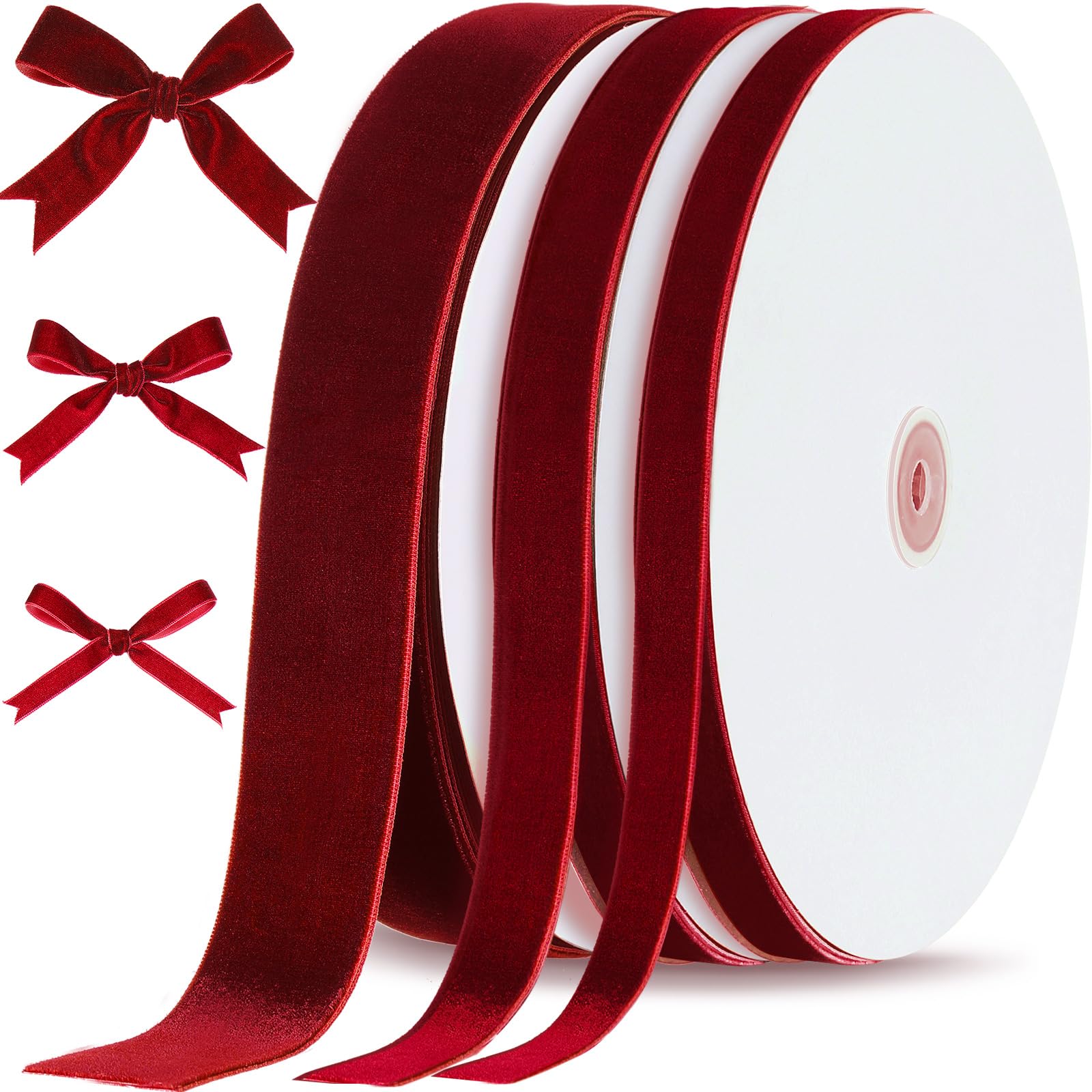 Yilloog 3 Rolls 90 Yards Vintage Velvet Ribbon Single Face Satin Fabric Velvet Ribbon Roll for Decoration Wedding Wrapping DIY Crafts(Burgundy, 3/8 Inch/ 5/8 Inch/ 1 Inch)
