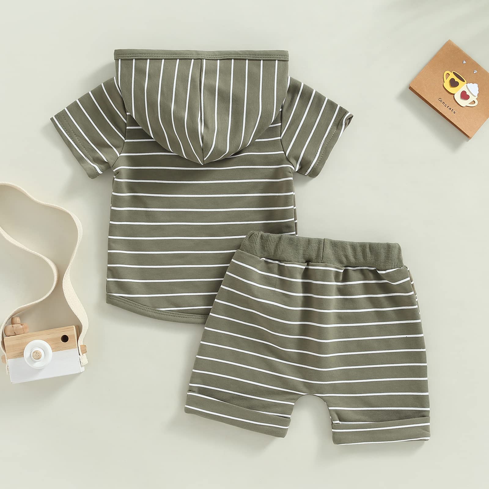 TheFound Cute Newborn Baby Boy Clothes Short Sleeve Hooded Tops with Pocket Drawstring Short Casual Summer Outfits (Army Green, 12-18 Months)