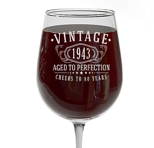 Vintage 1943 Etched 16oz Stemmed Wine Glass – Happy 80th Birthday Gifts for Women Men, Cheers to Turning 80 Year Old Decorations Decor, 80th Bday Party Favors Supplies, Best Gift Ideas Her Woman 1.0