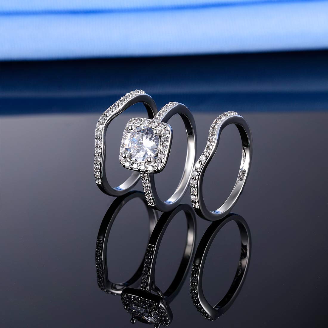 OPOMOMO Three-in-One Wedding Engagement Rings,18K White Gold Plated Halo Promise Eternity Rings 9