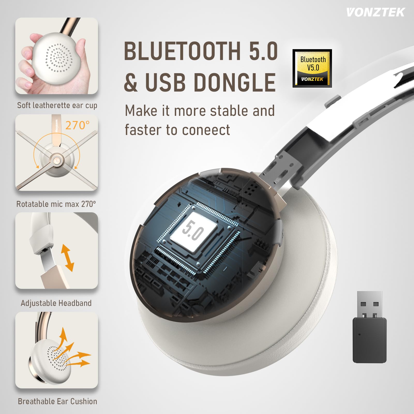 Wireless Headset, Bluetooth Headset with Microphone Noise Canceling, 45H Talk Time Wireless Headphones with USB Dongle & Mute for PC Computer Cell Phone Office Remote Work Zoom Meeting Call - Dune