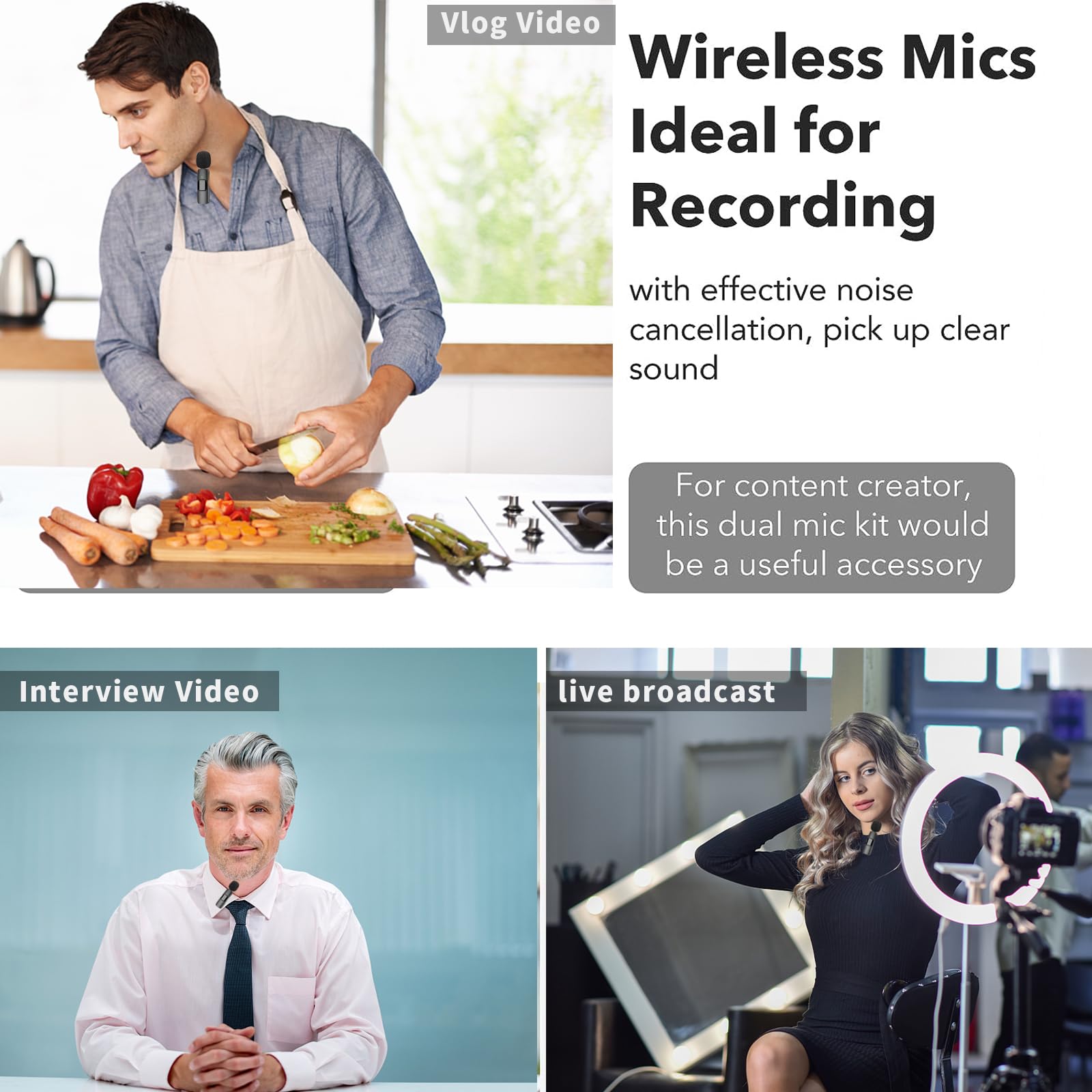 Wireless Lavalier Microphone for iPhone iPad, with 2 Pack Plug-Play Omnidirectional Condenser Professional Wireless Lavalier Mic for YouTube TikTok Vlolg Interview Live Stream Video Recording