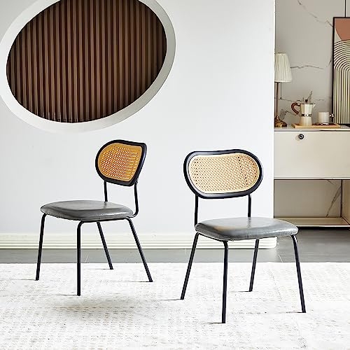 YISH W29990653 Modern Rattan Upholstered Cane Backrest Set of 2, PU Leather Armless Chairs with High-Density Sponge for Dining Living Room Bedroom, Gray