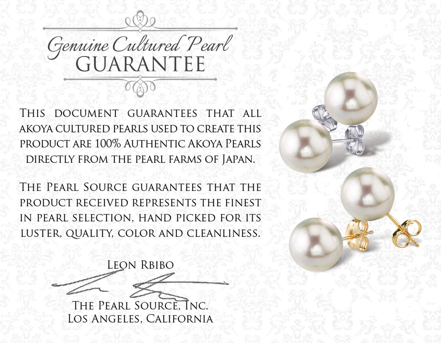 THE PEARL SOURCE 18K Gold 8.5-9mm Round White Akoya Cultured Pearl Stud Earrings for Women