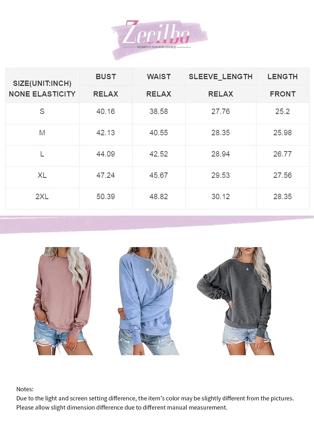 Zecilbo Womens Long Sleeve Crew Neck Sweatshirt Casual Solid Color Pullover