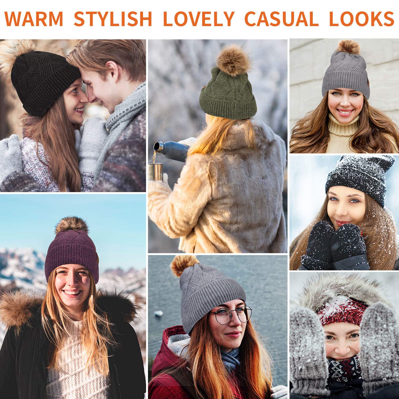 Thick Snow Hat-and-Mittens Set for-Women Black, Warm Faux Fur Pom Pom Beanie-with-Gloves Cute Pompom Ladies Winter Caps