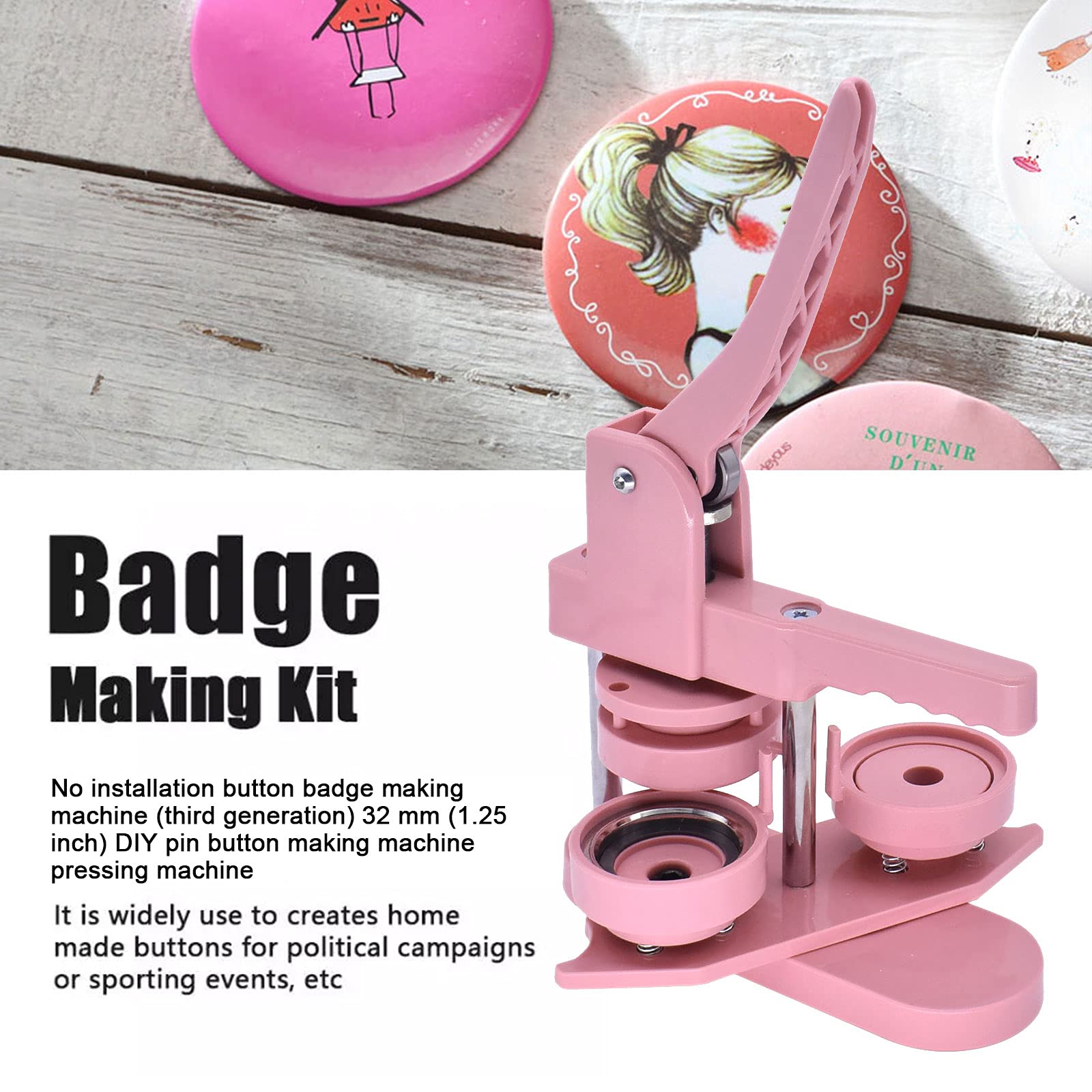 TWSOUL Installation-Free Button Badge Maker Machine, 58mm (2.25in) DIY Pin Button Maker Press Machine Badge Punch Press with Free 100pcs Metal Button Parts&Circle Cutter&Pictures&Magic Book (Pink)