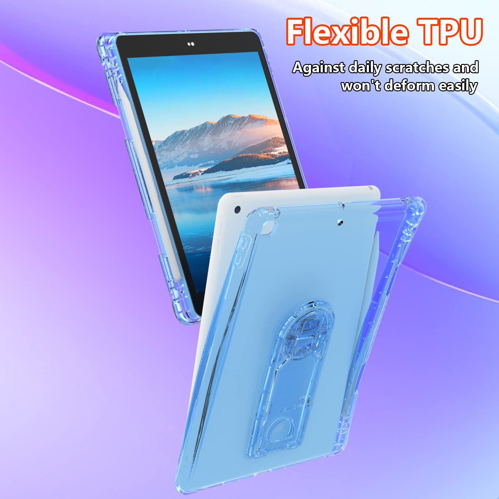 SPIUST for iPad 9th 8th 7th Generation Case Clear with Soft TPU,Built-in Pencil Holder &360 Degree Rotato Kickstand, Corner Protection Shockproof Rugged Case for iPad 10.2 inch Gen- Light Blue