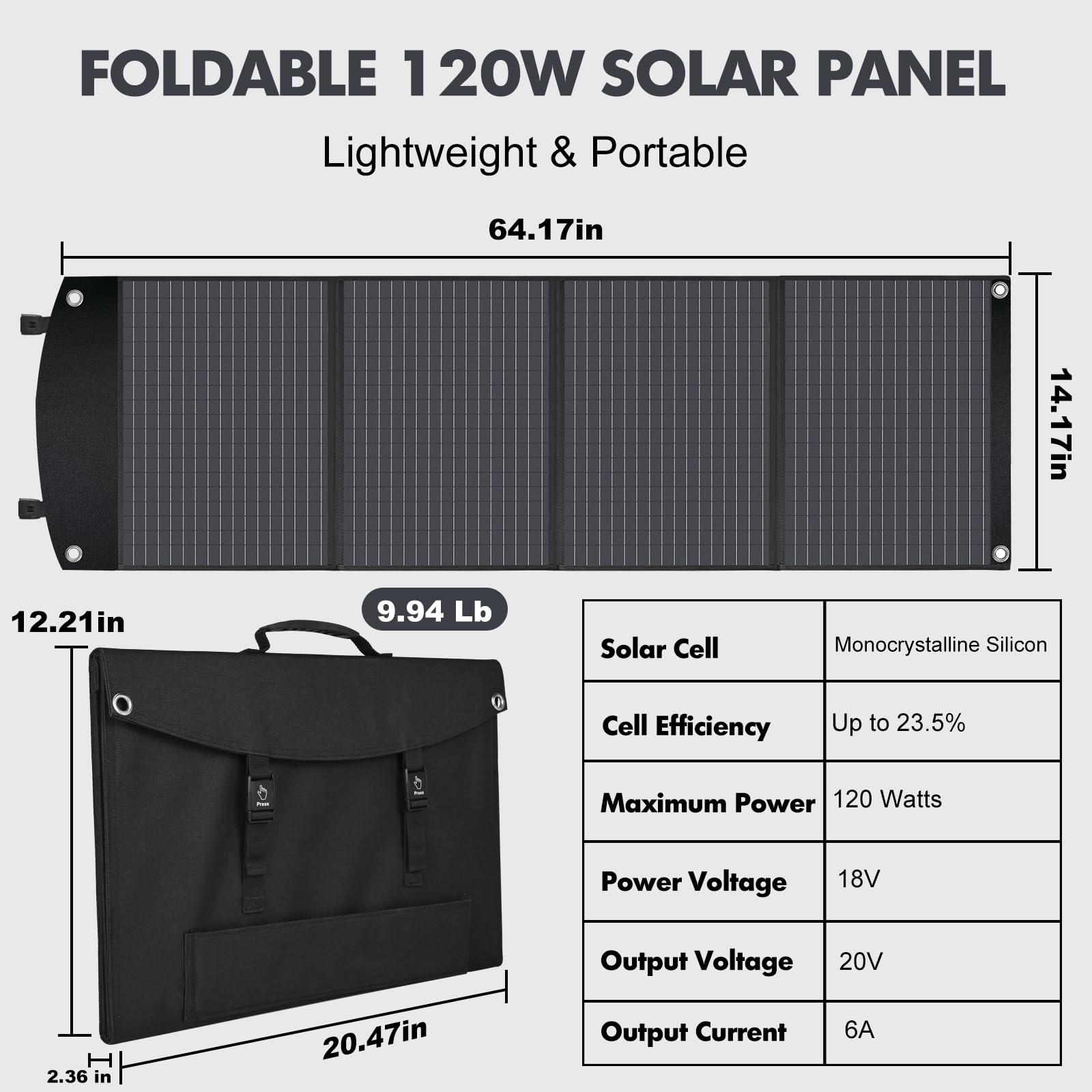 VOLT HERO 120W Portable Solar Panel for Power Station, Foldable 18V Solar Charger with 3 USB Outputs (PD 60W Included), IP67 Waterproof for Generators, Tablet, Off-Grid Road Trips, RV, Outdoor Camping