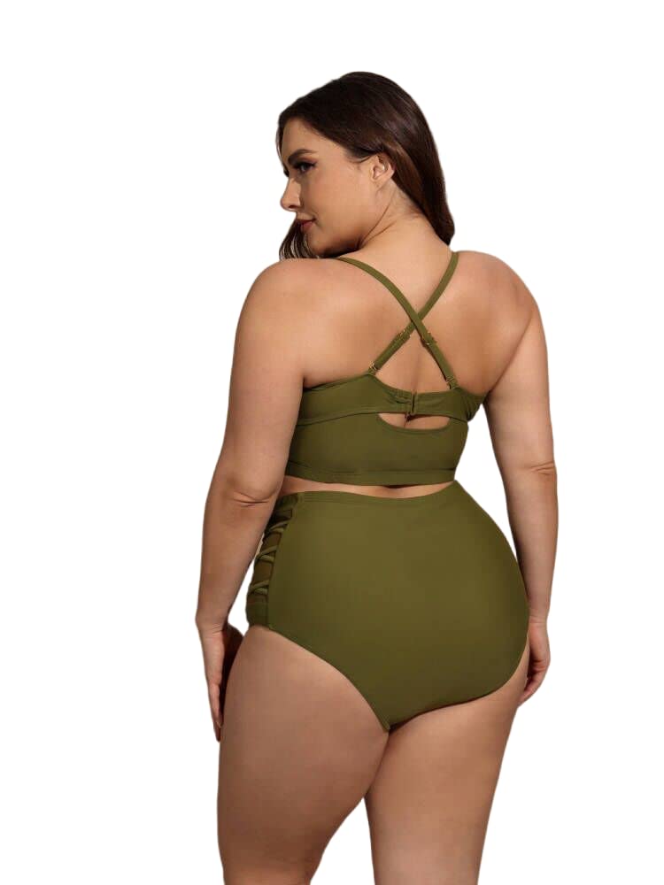 Yomoko Women's Plus Size High Waist Bandage Bikini Sets Chic Swimsuit Retro Bathing Suit L ArmyGreen