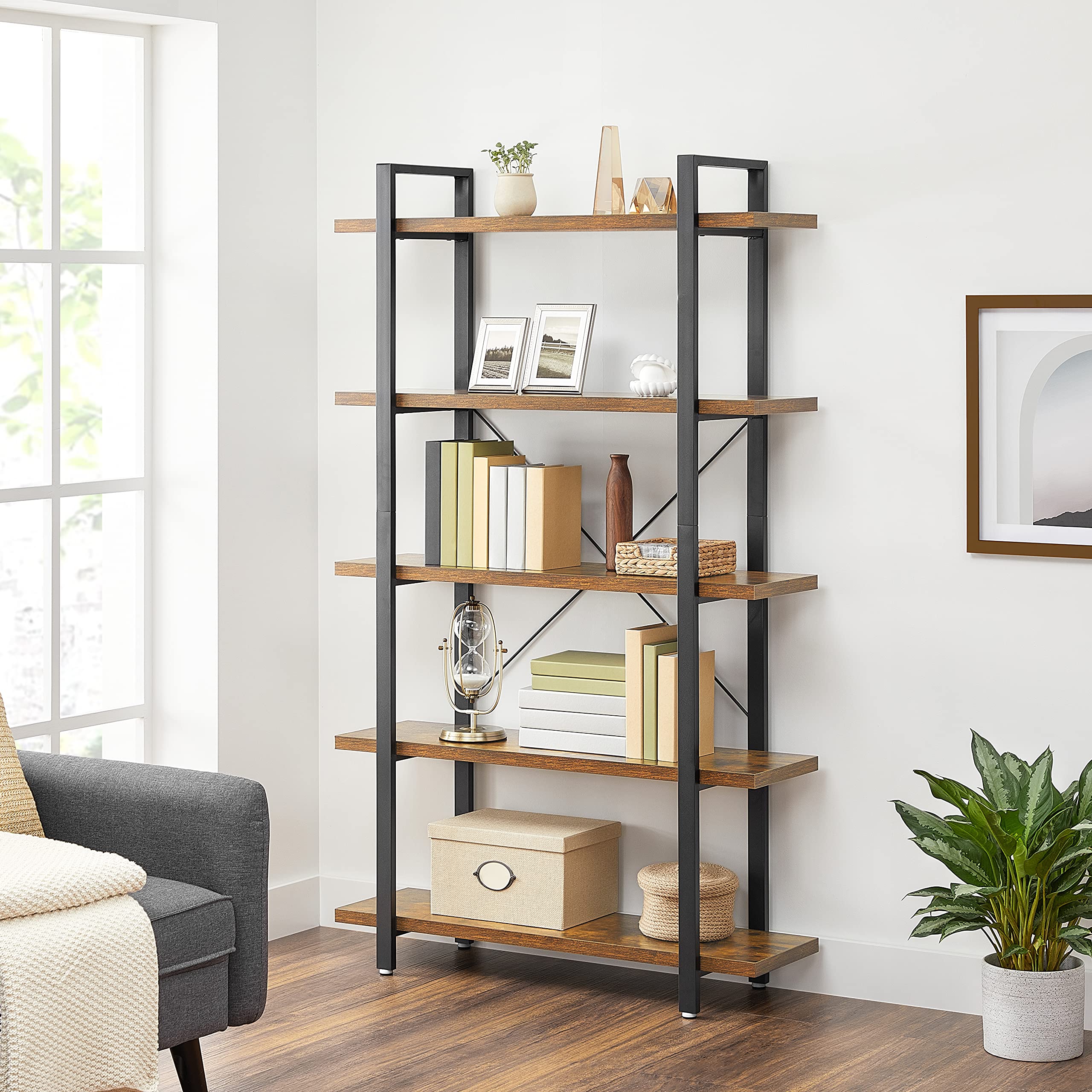 VASAGLE Industrial Bookshelf, 5-Tier Bookcase, Display Rack, Stable Ladder Shelf, Easy Assembly, Living Room, Bedroom, Office, Rustic Brown and Black ULLS55BX
