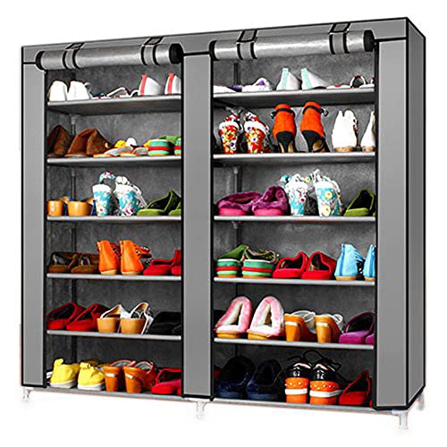 TXT&BAZ 36-Pairs Portable Shoe Rack Double Row with Nonwoven Fabric Cover (7-Tiers Grey)