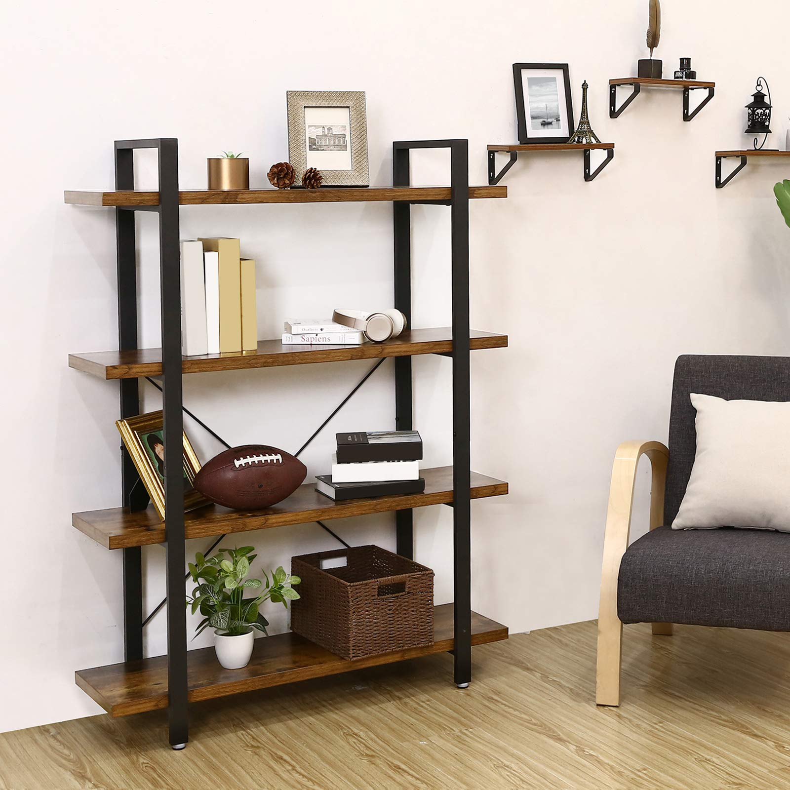 VASAGLE Industrial Bookshelf, 4-Layer Stable Bookcase, Storage Rack, Standing Shelf, Easy Assembly, Living Room, Bedroom, Office, Rustic Brown ULLS54BX, "41.3""l x 13.2""w x 54.3""h"