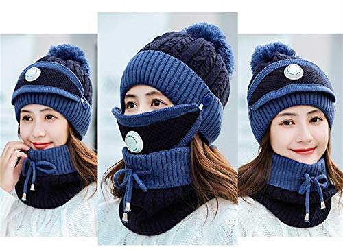 Womens Girls Winter Knitted hat Beanie Scarf mask Set Soft Warm Fleece Lined Winter Ski Hat with Pompom (Navy Blue)
