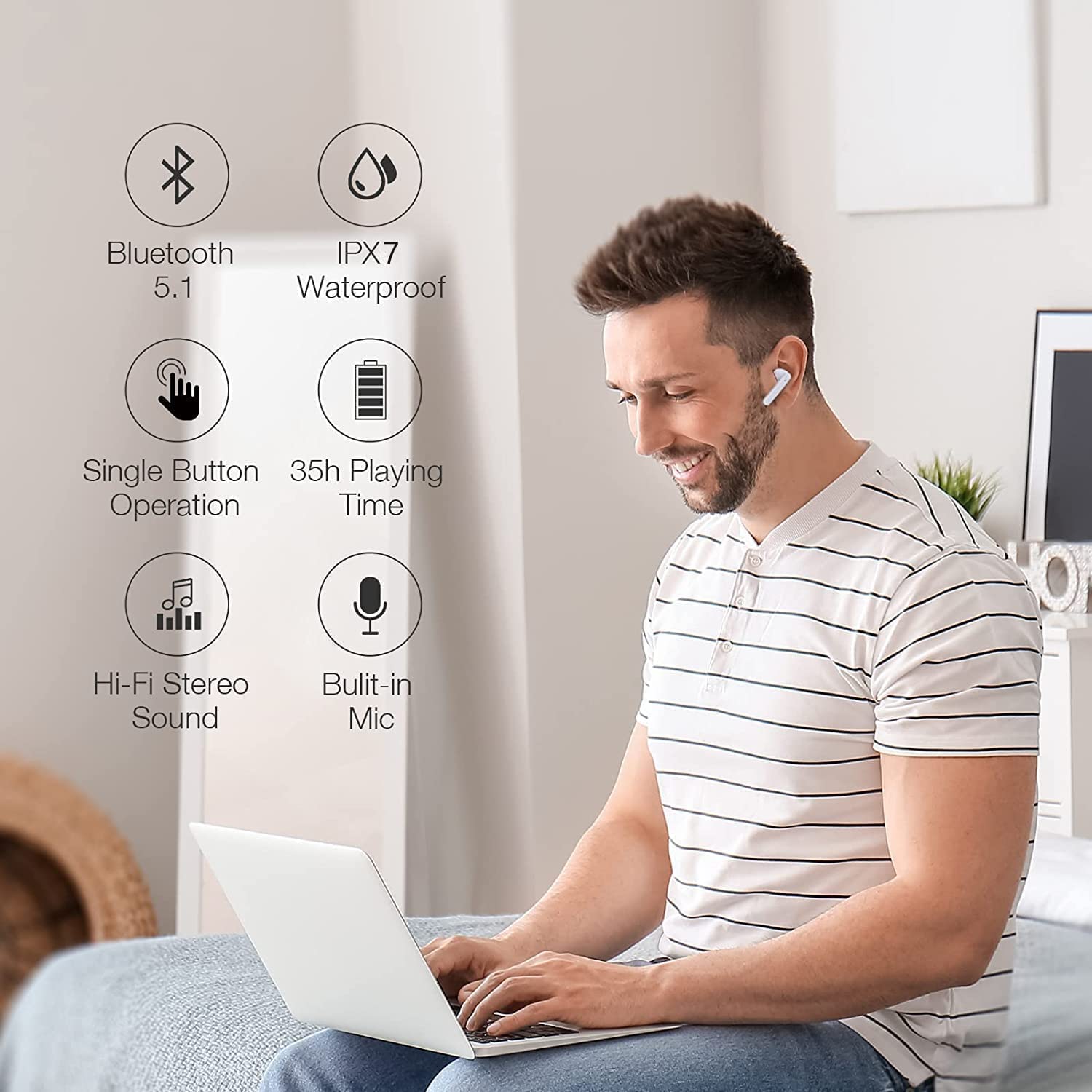 Wireless Earbuds Headphones,Bluetooth 5.0 Earphones,Charging case,Air Buds in-Ear Pods Ear Buds Wiht Mic Stereo Auto Pairing,Waterproof Noise Canceling Headset for Apple airpod Android iPhone Samsung