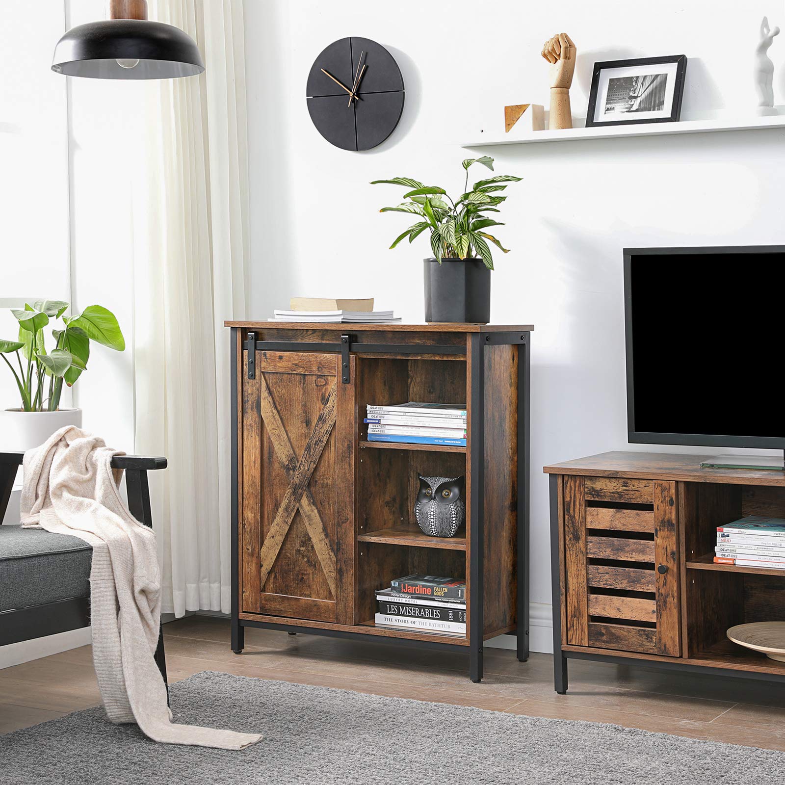 VASAGLE Storage Cabinet Cupboard, Multipurpose Cabinet with Adjustable Shelves, Sliding Door, Steel Frame, for Kitchen, Living Room, Entryway, Industrial, Rustic Brown and Black ULSC88BX