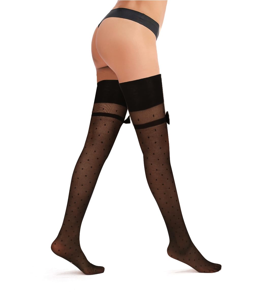 Womens Sexy Sheer Silk Thigh High Stockings Lace Top 20D Nylon Thin Long Socks Shimmery Transparent Stay Up Pantyhose Tights, Black Bow Dot, One size