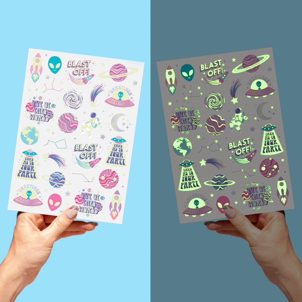 xo, Fetti Space + Planets Glow in Dark Temporary Tattoos for Kids - 50 pcs | Alien Birthday Party Supplies, Astronaut Favors + Rocket ship Decorations