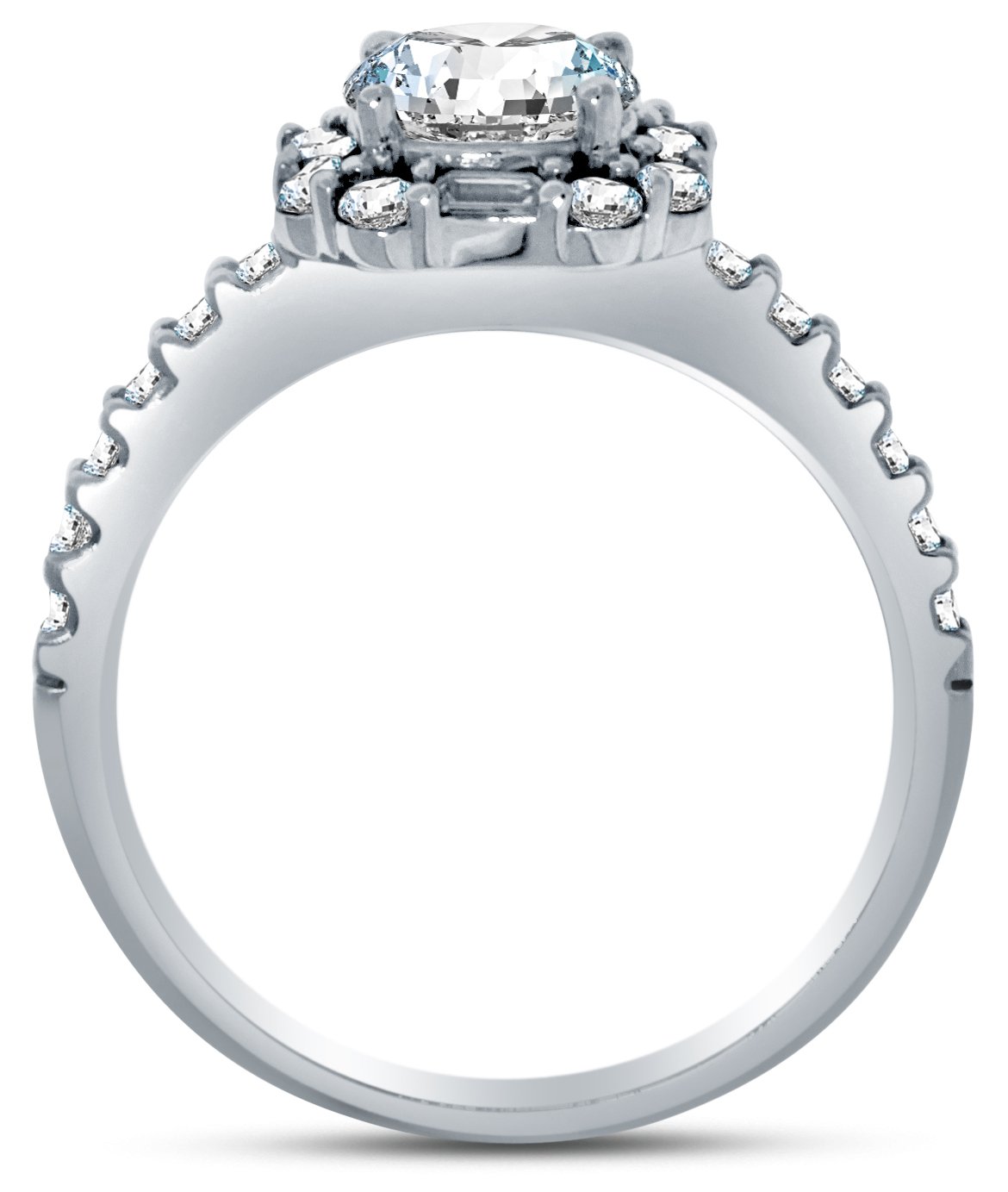 Size 4 - Solid 14k White Gold CZ Cubic Zirconia Halo Bridal Engagement Ring w/Matching Wedding Band Two Ring Set - Round Brilliant Cut Solitaire with Baguette Side Stones (2.75cttw., 1.0ct. Center)