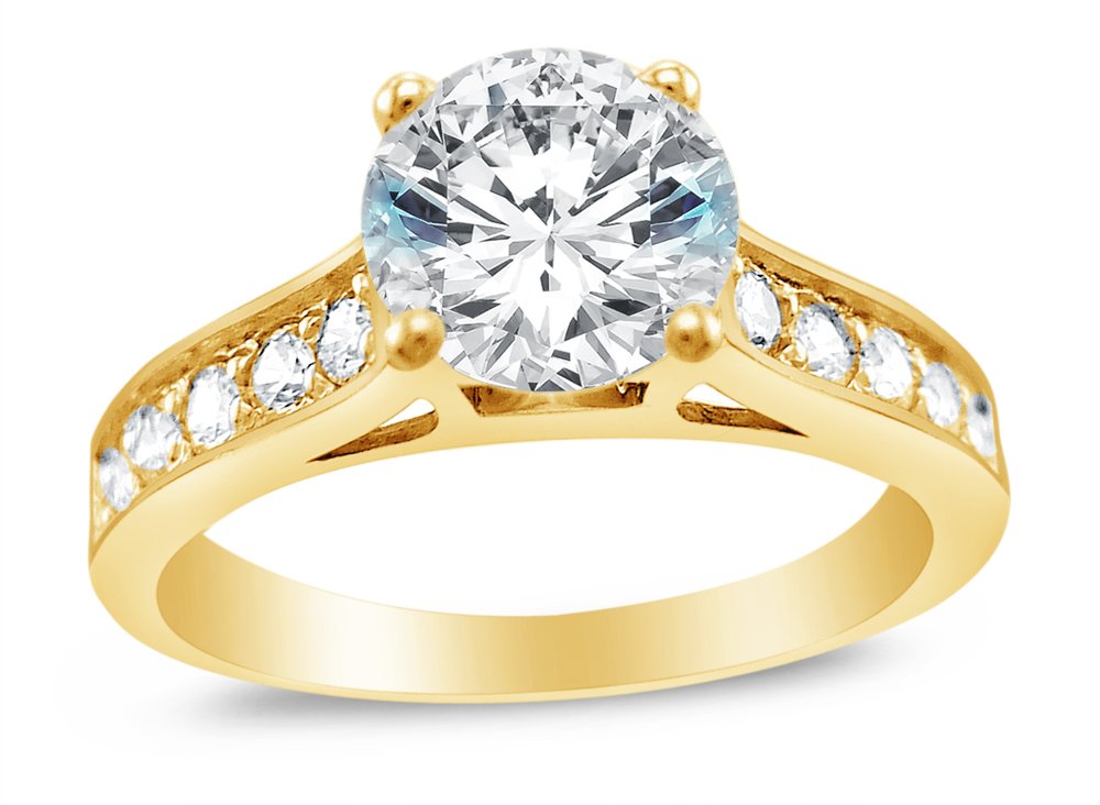 Size 5.5 - Solid 14k Yellow Gold Round Brilliant Cut Solitaire with Round Side Stones CZ Cubic Zirconia Engagement Ring 1.75ct.