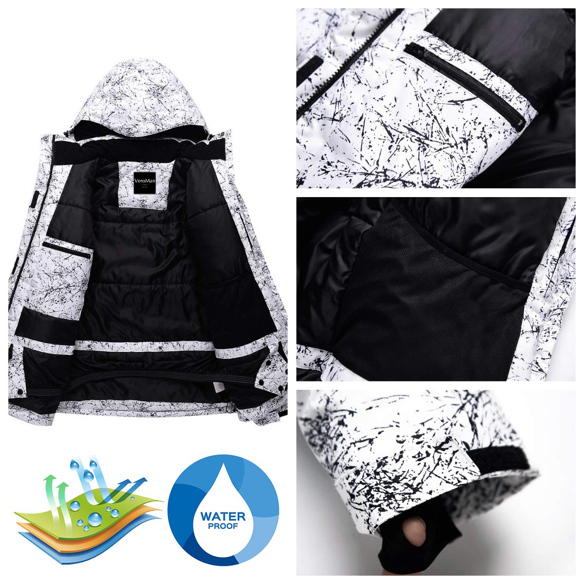 VEROMAN Snowboard Ski Jacket and Pants High Waterproof Windproof Breathable Unisex (White X Black, XL)
