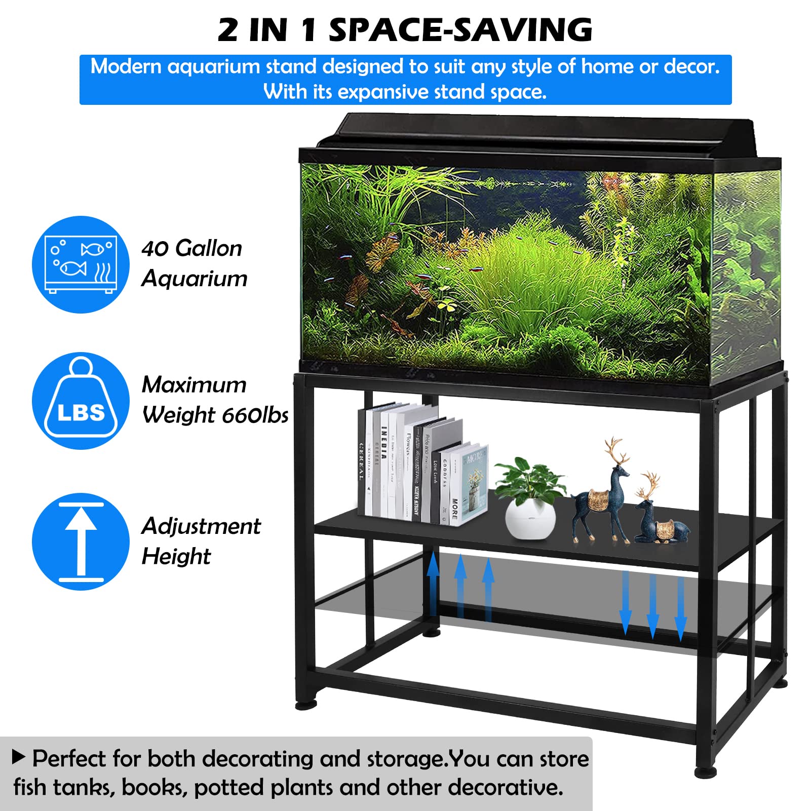 ZOMOFEW Metal Aquarium Stand, 40 Gallon Fish Tank Stand , Double-Layer Detachable Design, Easy To Assemble,Suitable for Home Fish Tank, Landscape Fish Tank And Oceanarium(Tank not included)