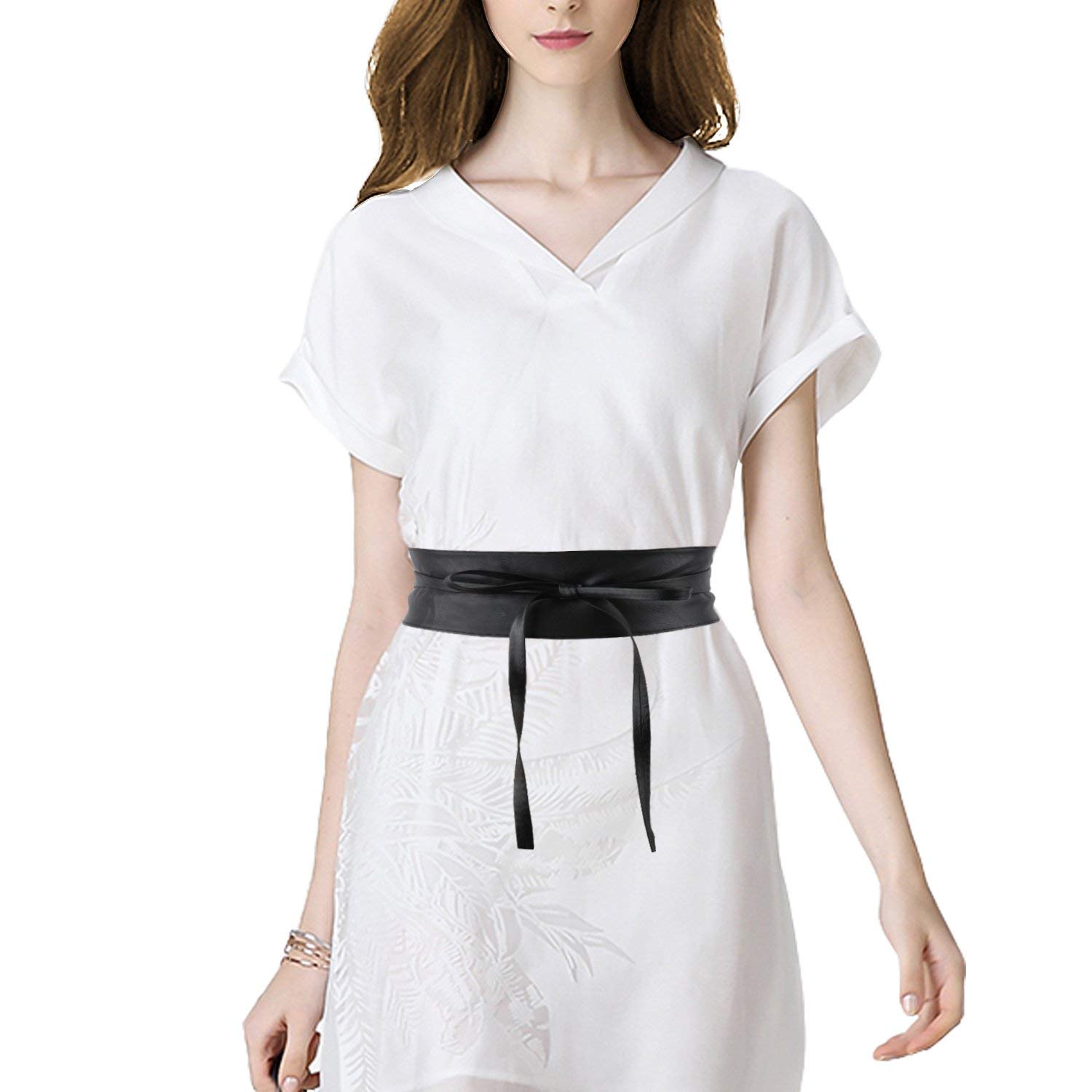 Women's Bowknot Faux Leather Wrap Around Self Tie Obi Cinch Waist Band Boho Belt,Black,One Size