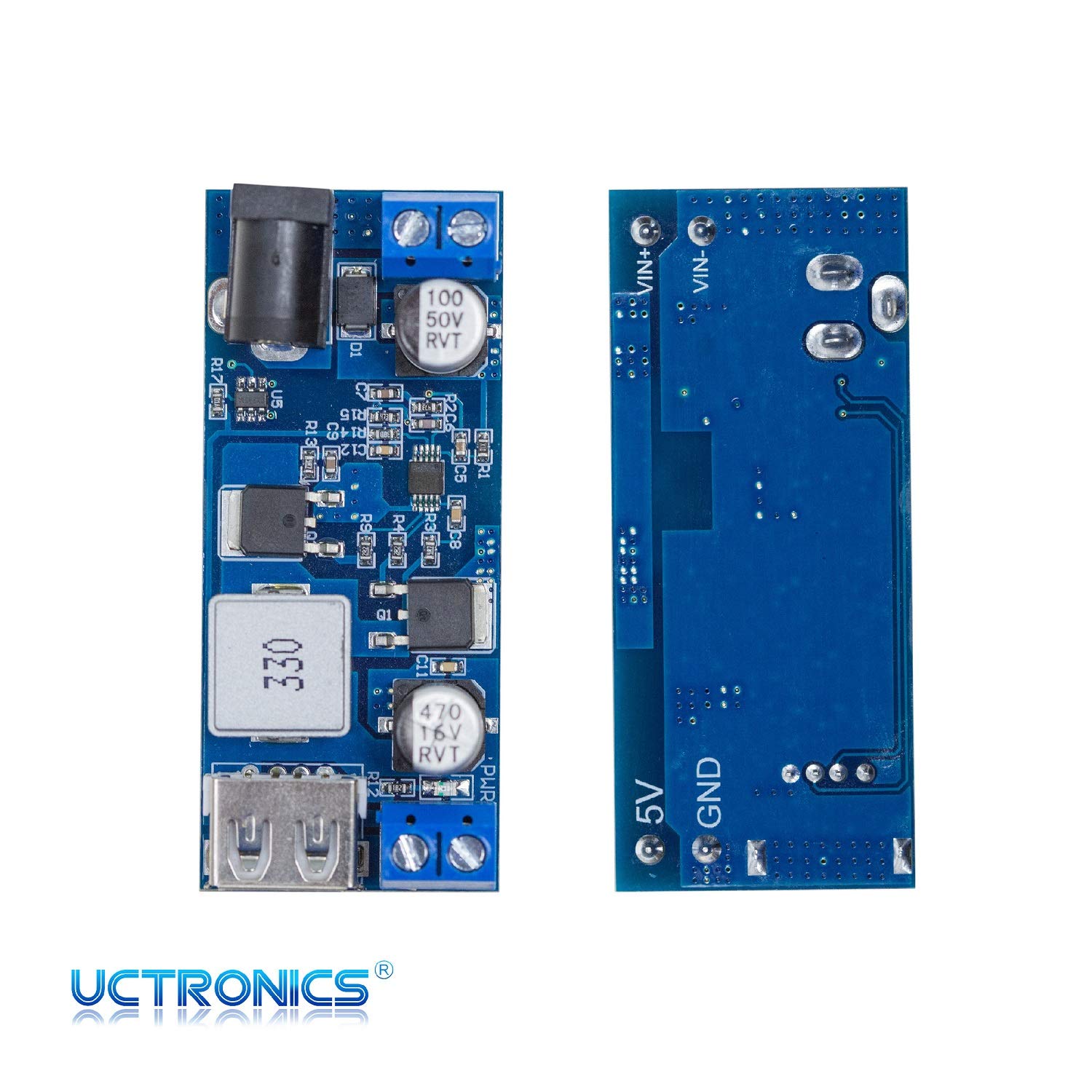 UCTRONICS DC 9V 12V 24V to DC 5V 5A Buck Converter Module, 9-36V Step Down to USB 5V Transformer Dual Output Voltage Regulator Board [2 Pack]