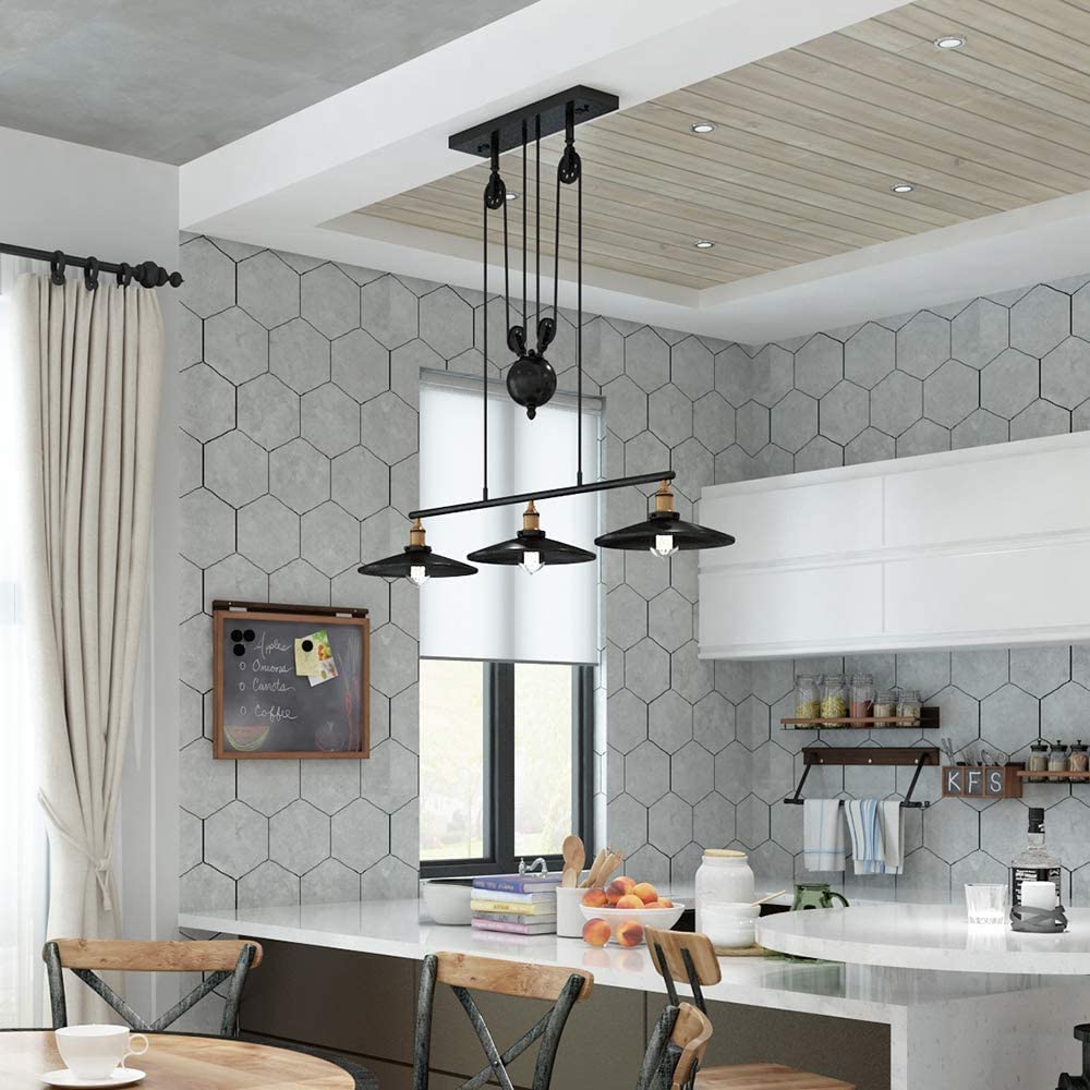 WINSOON Industrial Pendant Light, Pulley Light Fixture, Retro Steampunk Hanging Lamp, Adjustable Vintage Kitchen Island Over The Sink 1-Head Lights, Matte Black Painted