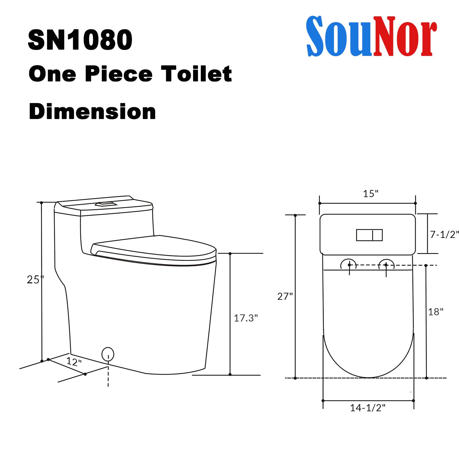 SouNor Matte Black One Piece Toilet Dual Flush 1/1.5 GPF Elongated U Shaped 17.3" Tall Bowl Comfortable For Seniors Elderly Modern 12" rough-in (SN1080B)