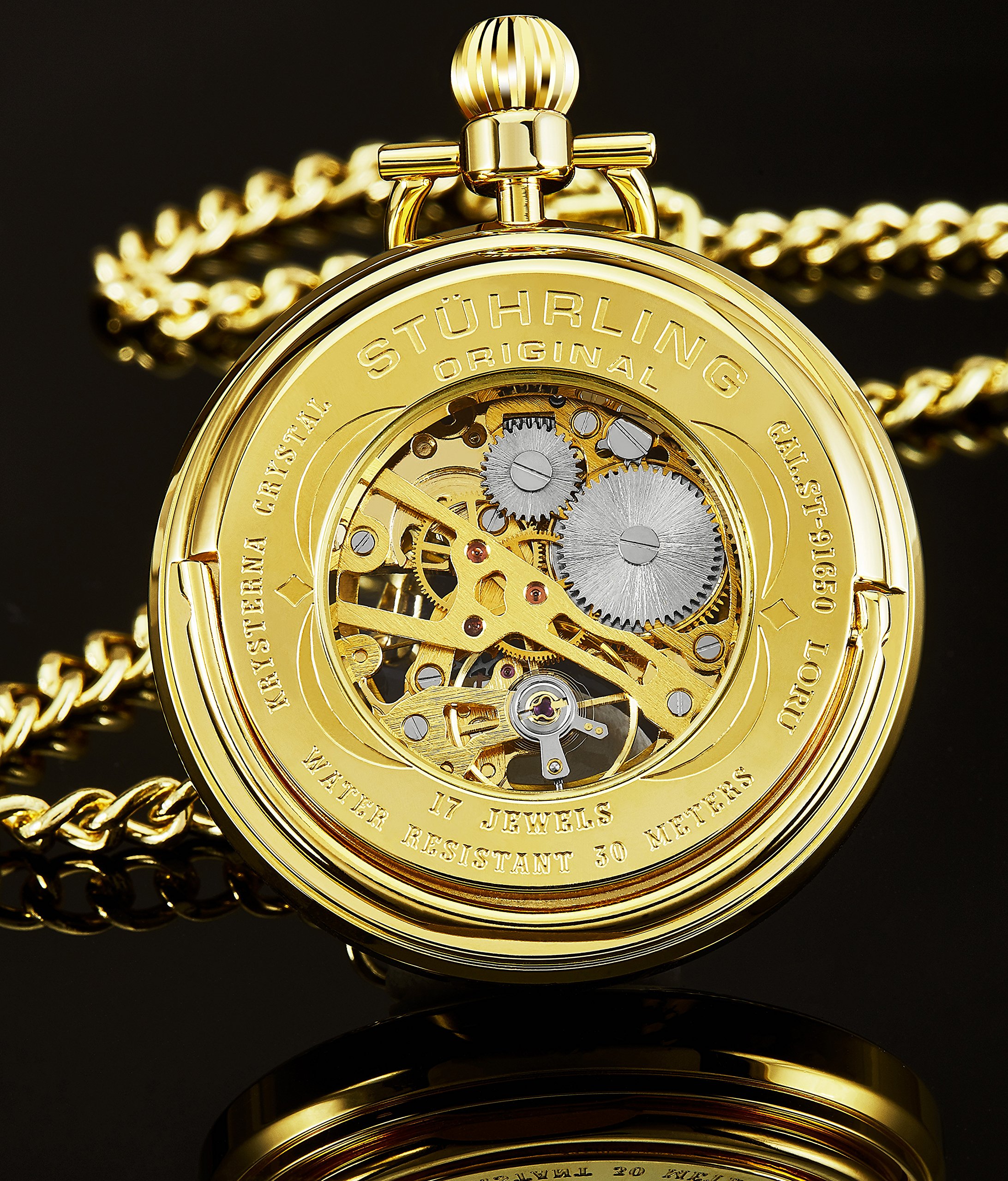 Stuhrling Original Men's Pocket Watch Stainless Steel Analog Skeleton Watch Hand Wind Mechanical Movement Stainless Steel Chain (Silver) (Gold)