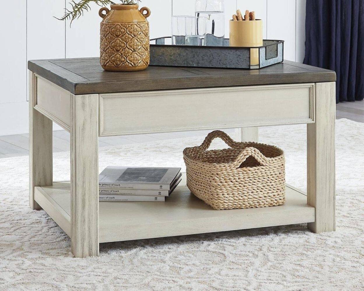 Signature Design by Ashley Bolanburg Farmhouse Lift Top Coffee Table with Floor Shelf, Weathered Brown & White