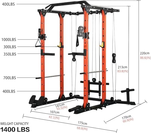 Versatile Power Cage with LAT Pulldown, Weight Storage, and Optional Bench Sturdy 1200 lb Capacity Power Rack for Home and Garage Gyms Multiple Accessory Squat Racks for Full Body Workouts