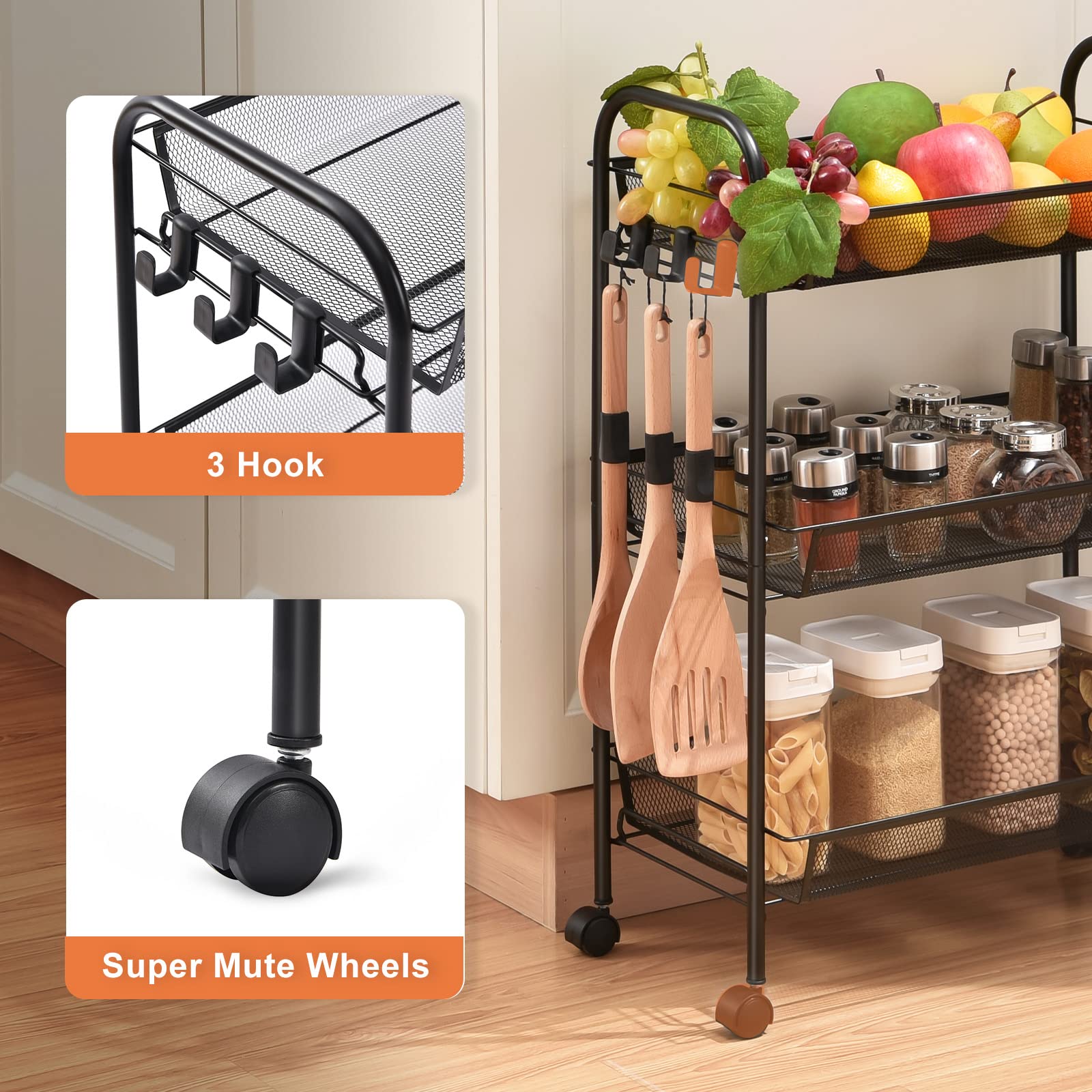 TOOLF 3-Tier Metal Rolling Cart, Mesh Wire Easy Assemble Utility Cart, Storage Trolley on Wheels with 3 Hooks, MetalStorage Shelving Units for Kitchen Bathroom Laundry Room