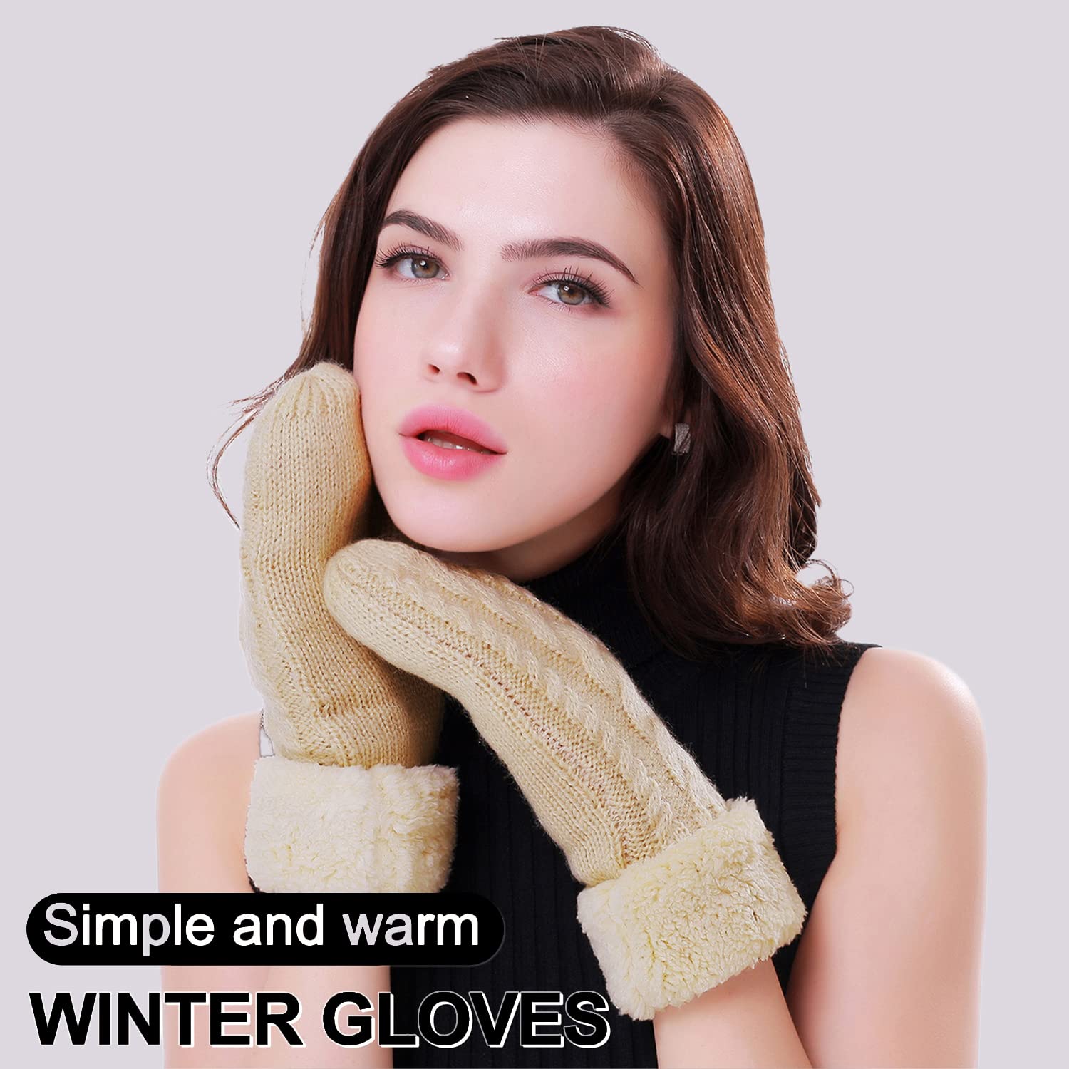 Women's Winter Gloves Warm Lining - Cozy Wool Knit Thick Gloves Mittens in 11 color (black)