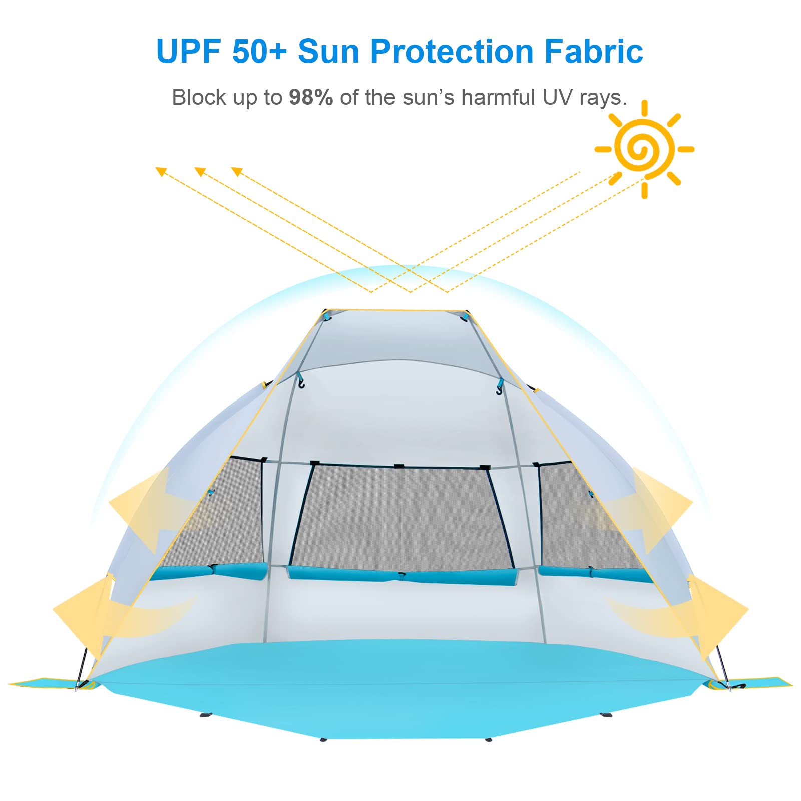 WolfWise 2-3 Person Portable Beach Tent UPF 50+ Sun Shade Canopy Umbrella with Extendable Floor, Blue