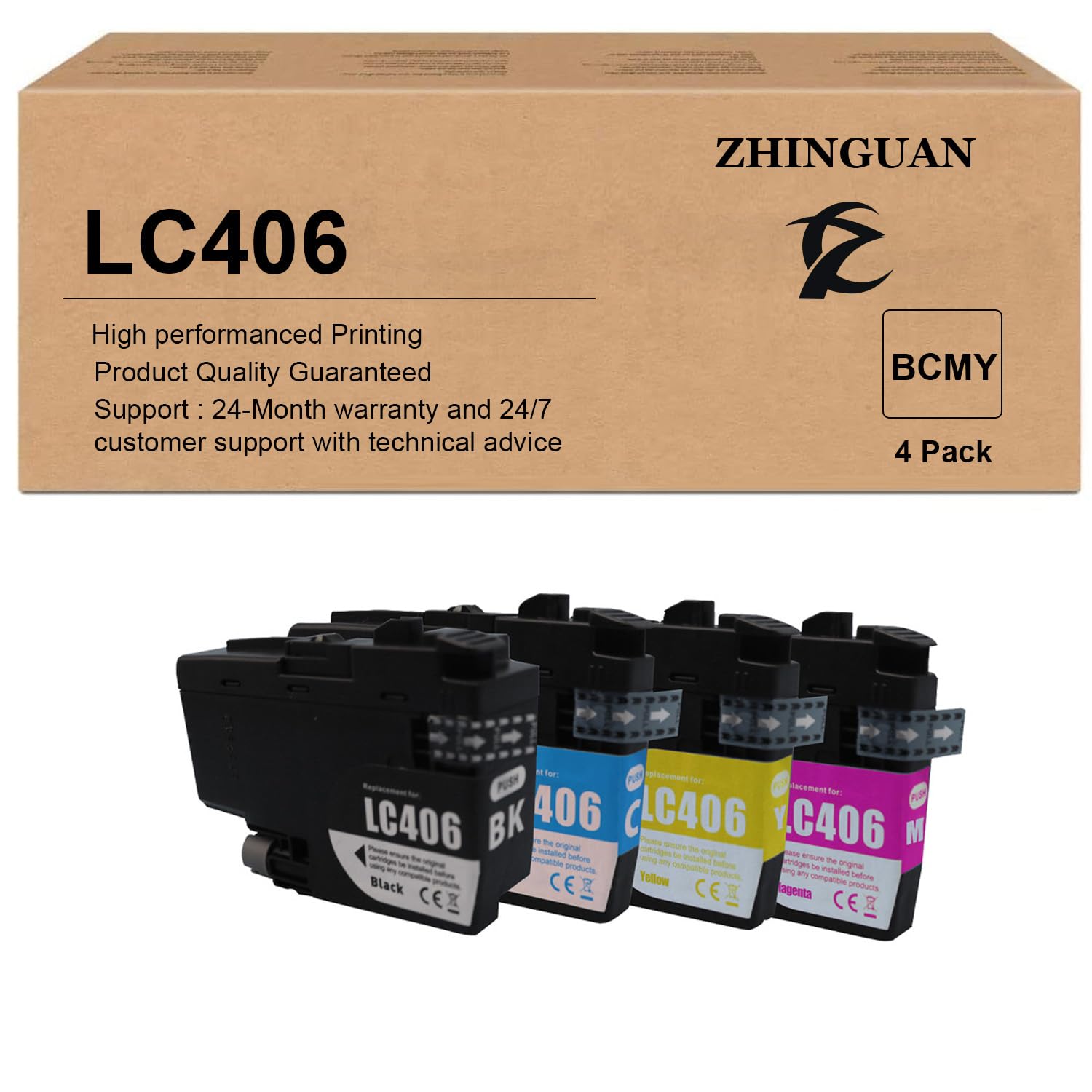 ZHINGUAN Remanufactured LC406BK LC406C LC406M LC406Y for Brother LC406 Ink Cartridges MFC-J4335DW MFC-J4345DW MFC-J4535DW MFC-J5855DW MFC-J5955DW MFC-J6555DW MFC-J6955DW Ink Cartridge (4-Pack)