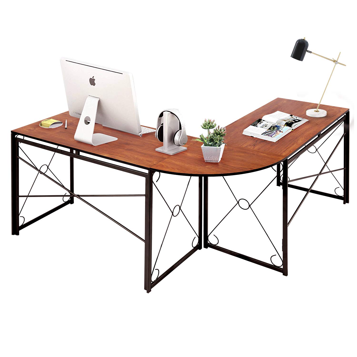 VECELO L Shaped Computer Corner Desk, 59ββx59ββ Large Industrial Home Office Workstation, Multi-Usage Long 2 Person Table, Easy Assembly/Saving Space, Steel Frame&Wooden Grain, Brown