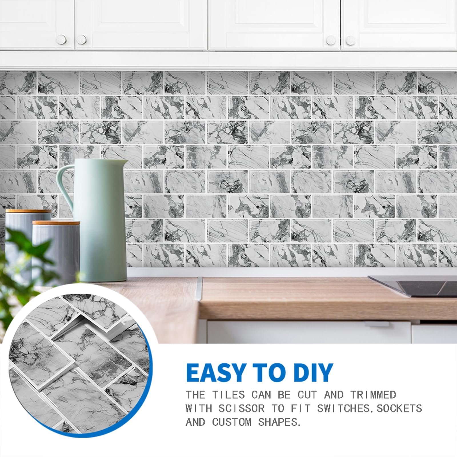 Subway Tile Peel and Stick Backsplash for Kitchen Bathroom Accent Wall Sticker 12"x12" Stick on Backsplash Self Adhesive, Grey Marble,1 Sheet