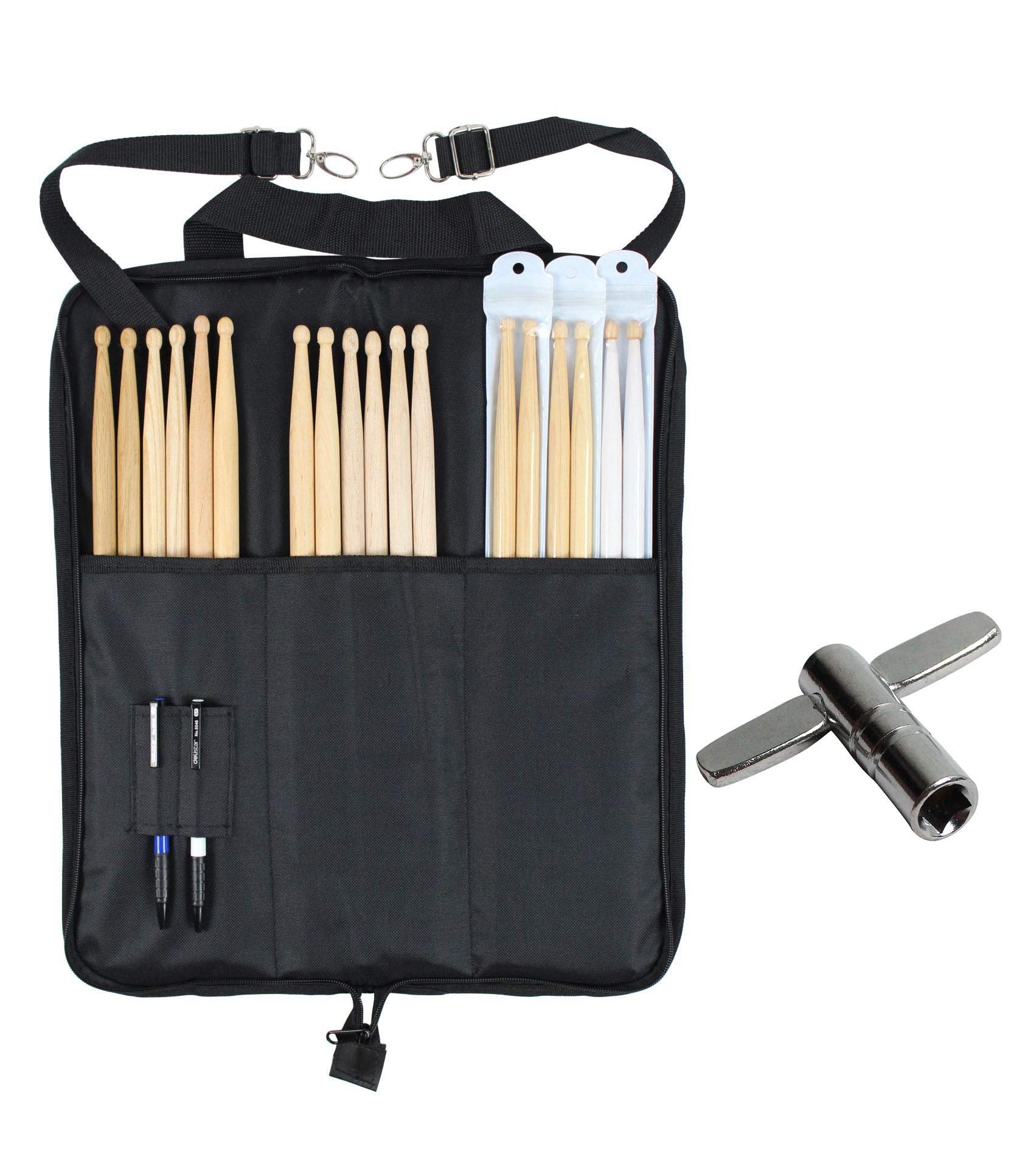 YMC DSB10-BK 10mm Foam Drum Stick Bag Holder Mallet Bag Drumstick Bag with A Drum Key -Black