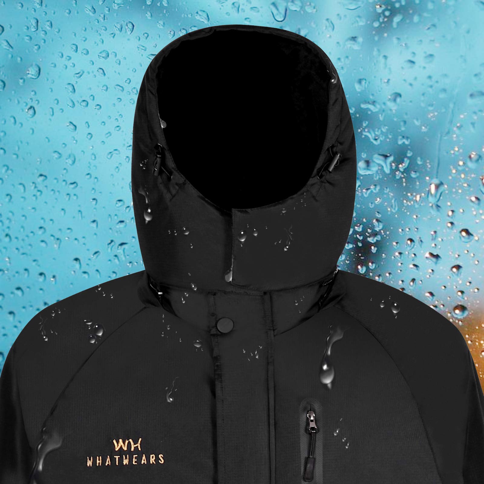 WHATWEARS Men's Winter Coats Waterproof Ski Jacket for Men Snow Coat Windproof Mountain Jackets with Hooded, Black, M