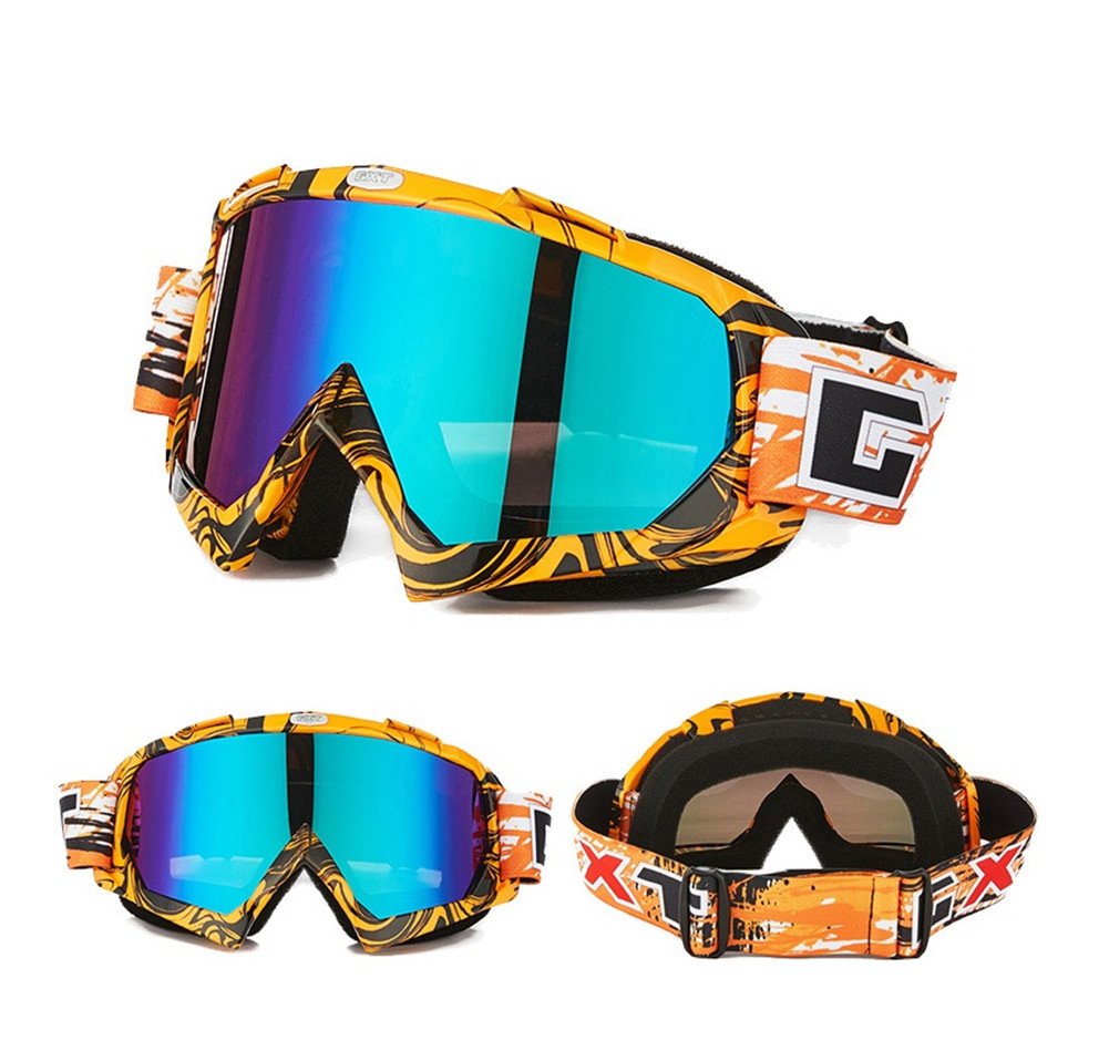 Wonzone Off Road Riding Motorcycle Bike Dirt Goggles Windproof Snowboard Ski Goggles Eyewear Adjustable UV Protective Outdoor Glasses Portable Motorcycle Cross-Country Goggles (Orange/Black, Rainbow)