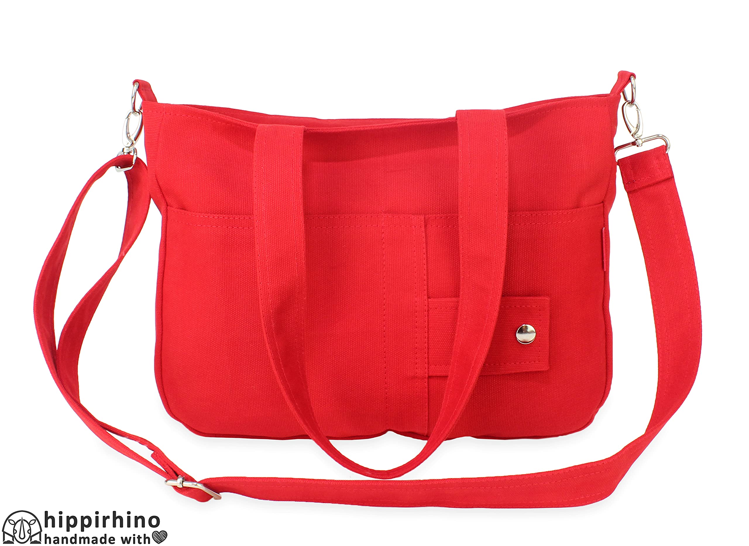 Women's Canvas Shoulder Bag Crossbody Detachable Strap Multi Pockets Messenger Bag Zipped Closure Purse Red